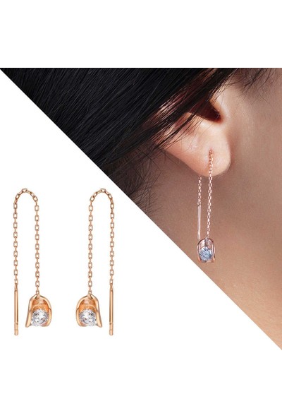 Nipora Zirkon Tektaşlı Sandviç Tasarım Rose Renk 925 Ayar Gümüş Sallantılı Küpe