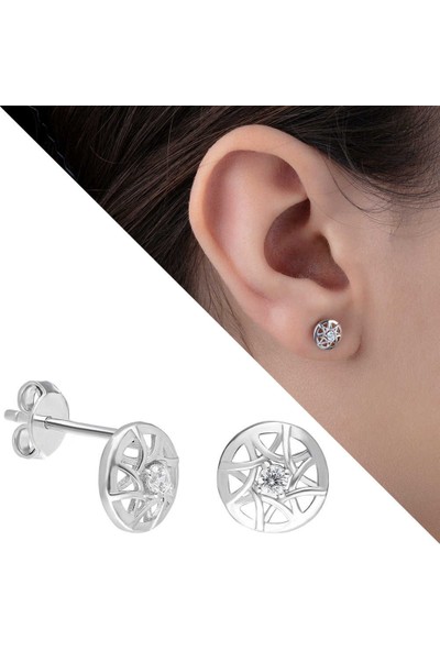 Nipora Zirkon Taşlı Daire Tasarım 925 Ayar Gümüş Küpe