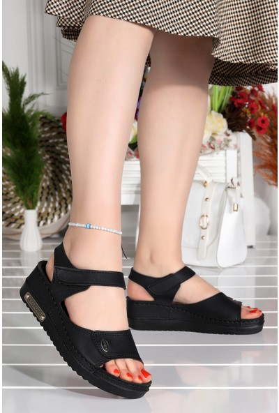 Woggo Ary 07-109 Günlük 5 cm Topuk Cırtlı Bayan Sandalet Terlik