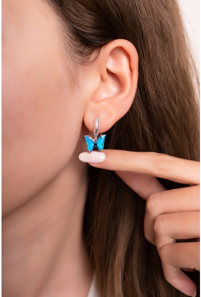 925 Ayar Gümüş Mineli Mavi Kelebek Küpe 925 Ayar Gümüş Mineli Mavi Kelebek Küpe