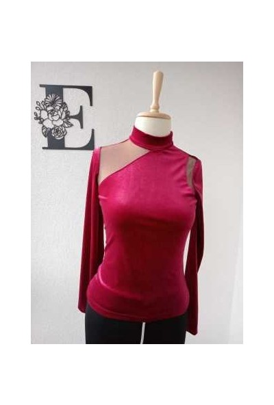 Next Trend Kadife Bluz Asimetrik Tül Detaylı