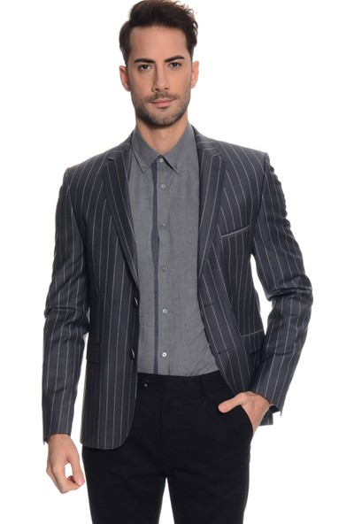 Penford Mono Yaka Uzun Kol 5 Cep Çizgili Gri Erkek Ceket