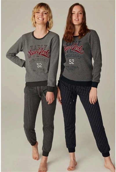Feyza Kadın Pijama Takımı Uzun Kol Newyork Baskı Alt Çizgili