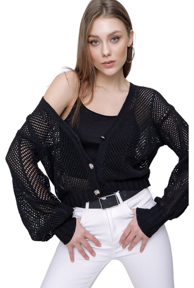 Butikburuc Kadın Siyah Ajurlu Balon Kol Hırka