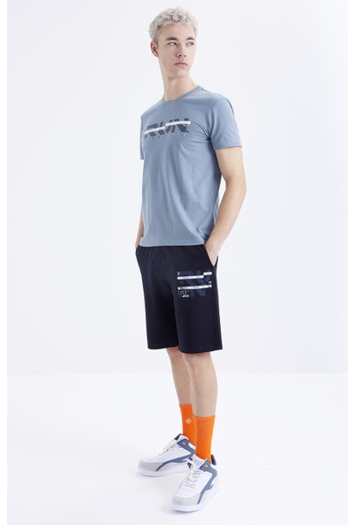 Tommy Life Mint Yeşil - Lacivert Yazı Baskılı O Yaka Erkek Bermuda Şort Takım - 85167