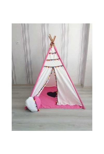 Campish Kids Şerit Detaylı Pembe Beyaz Çocuk Oyun Çadırı