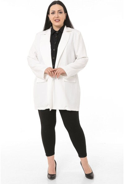 Disentis Modest Büyük Beden Mono Yaka Süs Cep Kapaklı Beyaz Astarsız Kadın Ceket