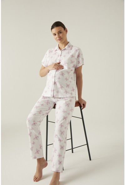 Hays Kadın Anne Adayı Yakası Süs Lastikli Gömlek Üstlü Pijama Takımı