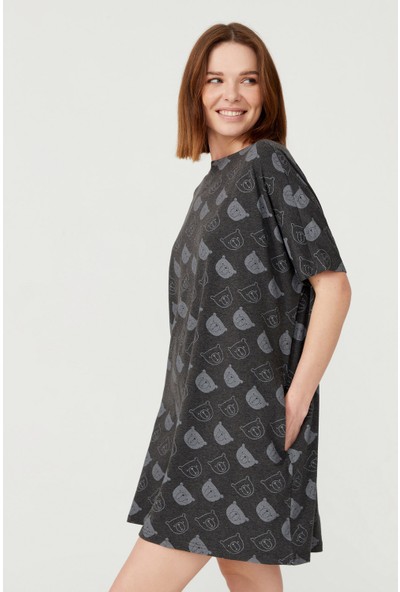 Hays Kadın Pamuklu Ayıcık Baskılı Cepli Kısa Kollu Bol Gecelik