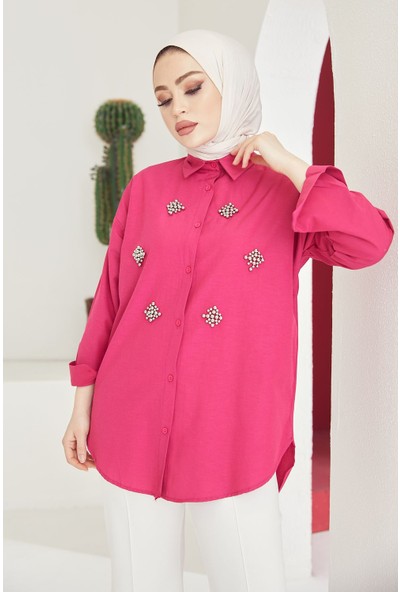 Miostil Ön Boncuk Detaylı Gömlek-Fuşya