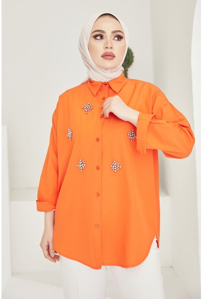Miostil Ön Boncuk Detaylı Gömlek-Oranj
