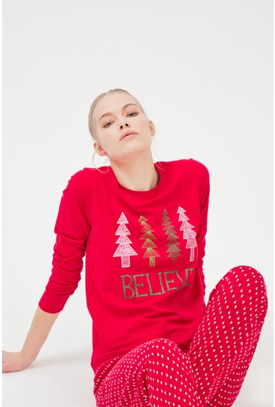 Hays Kadın Pamuklu Çam Ağacı Baskılı Uzun Pijama Takımı