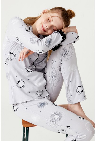 Hays Kadın Penguen Baskılı Pamuklu Gömlek Pijama Takımı