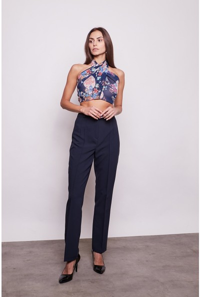 Yüksek Bel Uzun Boru Paça Şık Kumaş Pantolon -Lacivert