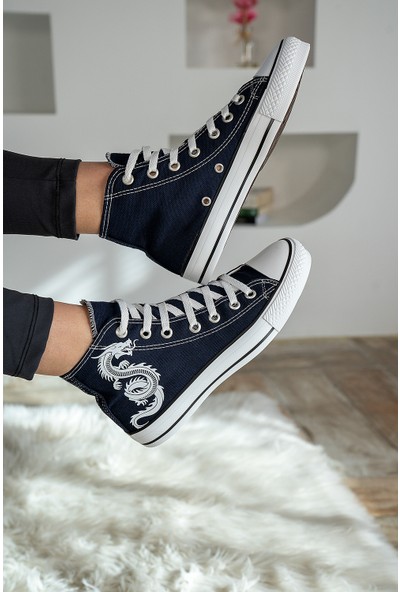 Kadın Lacivert Bilekli Keten Spor Ayakkabı