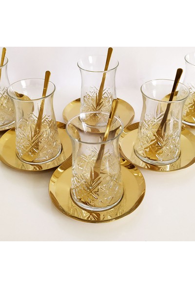 Paşabahçe 42891 Timeless Çay Bardağı Çelik Gold Tabak ve Kaşık Seti- 6 Kişilik