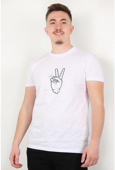 3568 Peace Zafer Işareti Baskılı O Yaka T-Shirt