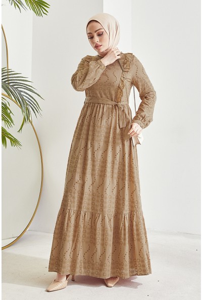 Instyle Elya Önü Fırfır Brode Elbise - Vizon