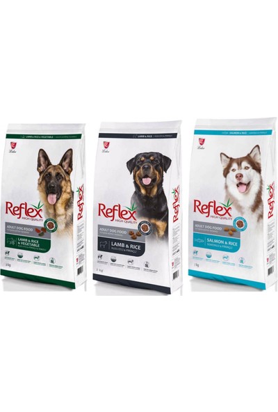 Reflex Kuzu Etli, Pirinçli ve Balıklı, Pirinçli ve Kuzu Etli, Pirinçli ve Sebzeli Yetişkin Köpek Maması 3 kg x 3 Adet