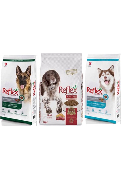 Reflex Biftekli ve Balıklı ve Kuzu Etli, Pirinçli ve Sebzeli Yetişkin Köpek Maması 3 kg x 3 Adet