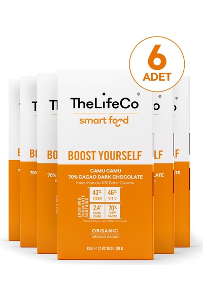 Thelifeco Smartfood Boost Yourself Organik Çikolata 80GR (Organik Kamu Kamulu %70 Bitter) x 6 Adet Thelifeco Smartfood Boost Yourself Organik Çikolata 80GR (Organik Kamu Kamulu %70 Bitter) x 6 Adet