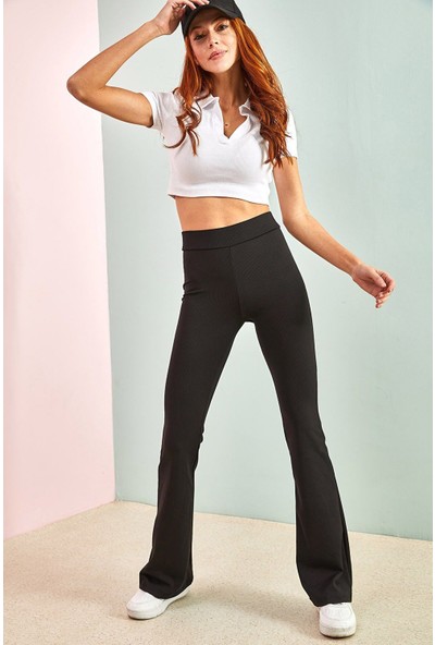 Siyah Kadın Siyah Ispanyol Paça Fitilli Pamuklu Tayt Pantolon - GİY00076 Siyah Kadın Siyah Ispanyol Paça Fitilli Pamuklu Tayt Pantolon - GİY00076