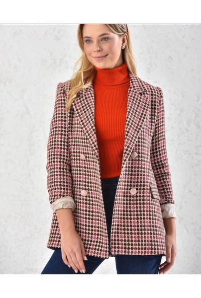Lonti Grup Kadın Fuşya Kahve Kare Detaylı Astarlı Blazer Ceket Lonti Grup Kadın Fuşya Kahve Kare Detaylı Astarlı Blazer Ceket