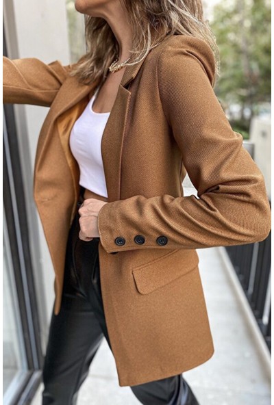 Lonti Grup Kadın Kahve Tek Düğmeli Astarlı Kruvaze Blazer Ceket