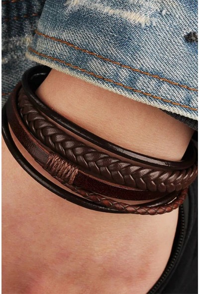 Jackferrero Erkek Hakiki Deri Bileklik Kahverengi Manyetik Toka Örgülü Bileklik