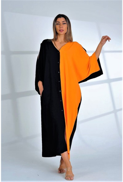 Kadın Siyah Turuncu Renk Bloklu Omuzu Pencereli Sırtı Nakışlı Cepli Oversize Uzun Elbise Kadın Siyah Turuncu Renk Bloklu Omuzu Pencereli Sırtı Nakışlı Cepli Oversize Uzun Elbise