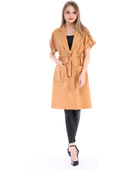 Disentis Modest Mono Yaka Beli Tünelli Cepli Apoletli Kısa Kollu Astarsız Bej Yelek