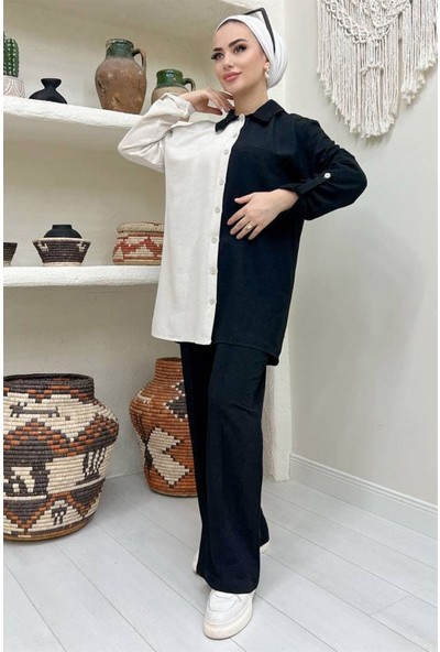 Moda Willow Iki Renkli Tesettür Keten Takım Siyah - MW5412
