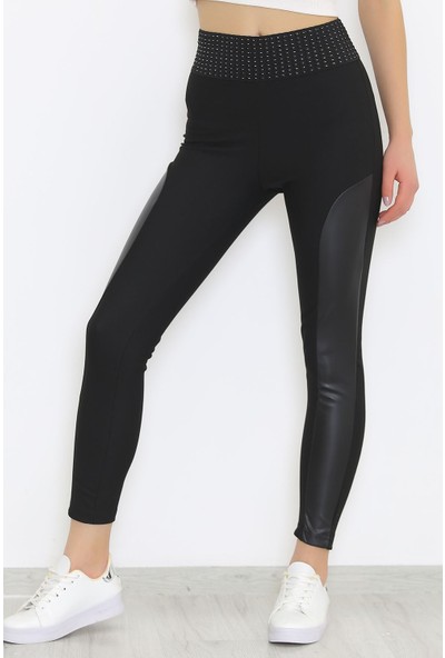 İsun Store Deri Detaylı Tayt Siyah - 152.1361.