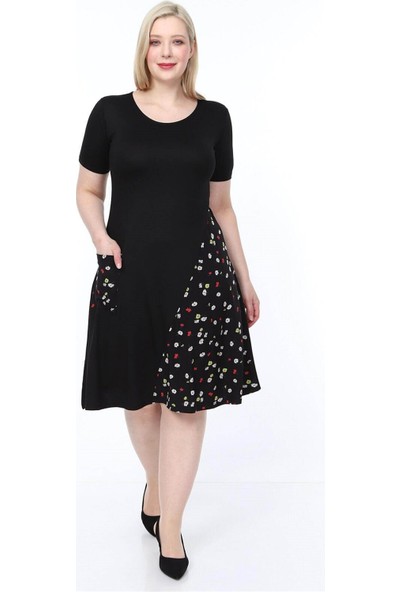 Mia Butik Büyük Beden Siyah Papatya Çapraz Cepli Elbise