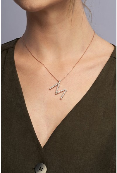 Jewelmim M Harfli Inci 14K Rose Altın Kaplama 45 cm Zincirli Kadın Gümüş Kolye Jewelmim M Harfli Inci 14K Rose Altın Kaplama 45 cm Zincirli Kadın Gümüş Kolye