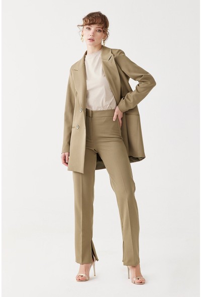 Suud Collection Haki Fermuar Detaylı Kumaş Pantolon