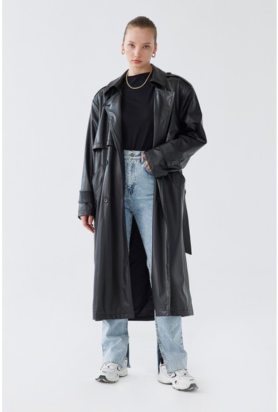 Suud Collection Siyah Deri Vintage Trençkot