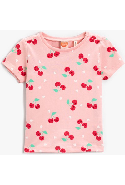 Koton Kız Bebek Kiraz Baskılı Bisiklet Yaka Kısa Kollu Tişört Pamuklu