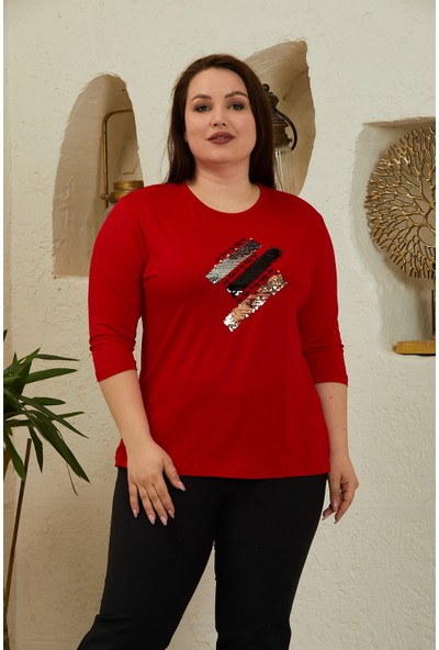 Kırmızı Renk Payet Işlemeli Viskon Kumaş Bluz