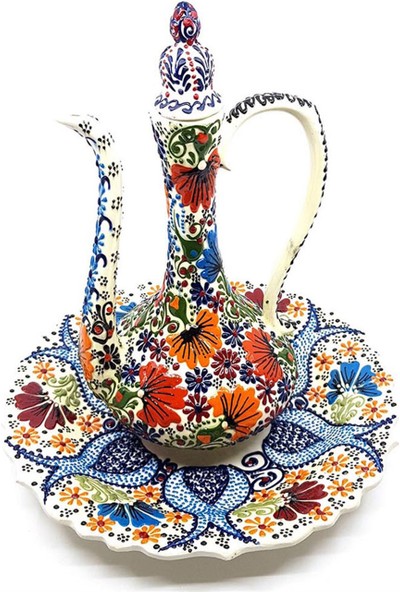 30 cm El Dekoru Çini Ibrik ve Tabağı 30 cm El Dekoru Çini Ibrik ve Tabağı