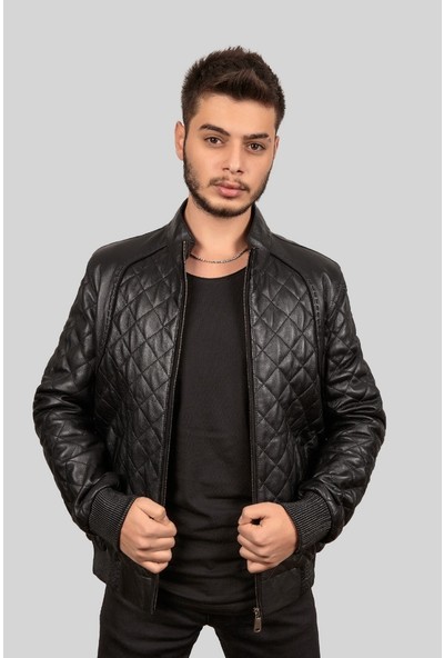 Derihouse Baklava Desenli Siyah Erkek Deri Mont