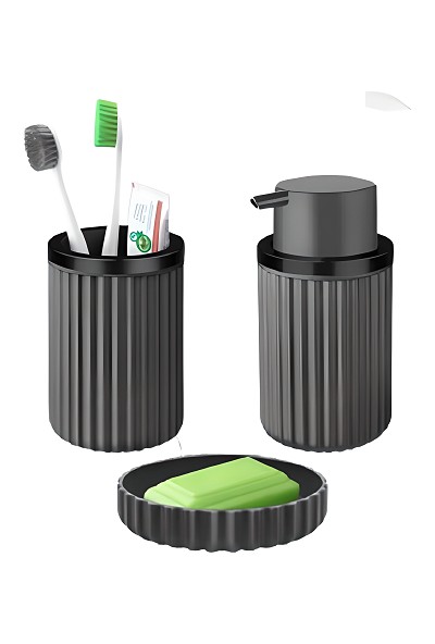 Sas Banyo Takımı Diş Fırçalık Sıvı Sabunluk Katı Sabunluk 3'lü Set Gri