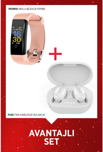 Polosmart PSSW01 Akıllı Bileklik Pembe + FS45 Kulakiçi Kablosuz Tws Kulaklık Beyaz Özel Set