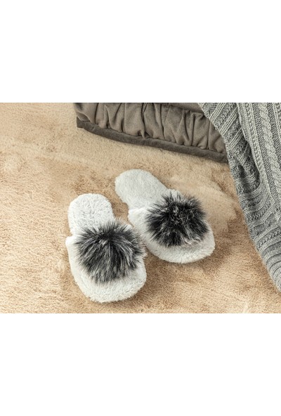 English Home Pompom Peluş Kadın Ev Terliği 39 Açık Gri