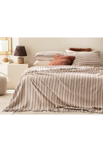 English Home Stripe Wicker Dokuma Tek Kişilik Yatak Örtüsü Takımı 160 x 240 cm Bej-Mor