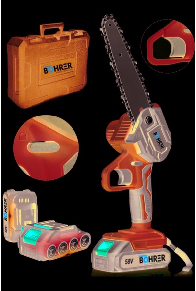 Profesyonel 58 V 5 Ah Akülü Dal Kesme Budama Testere Bıçkı Makinesi Çift Akülü Çantalı 10 cm Klavuz Profesyonel 58 V 5 Ah Akülü Dal Kesme Budama Testere Bıçkı Makinesi Çift Akülü Çantalı 10 cm Klavuz