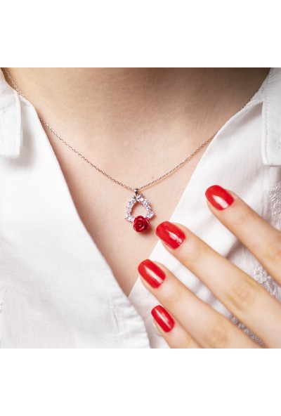 Nur Silver Gümüş Taşlı Gül Detaylı Kolye