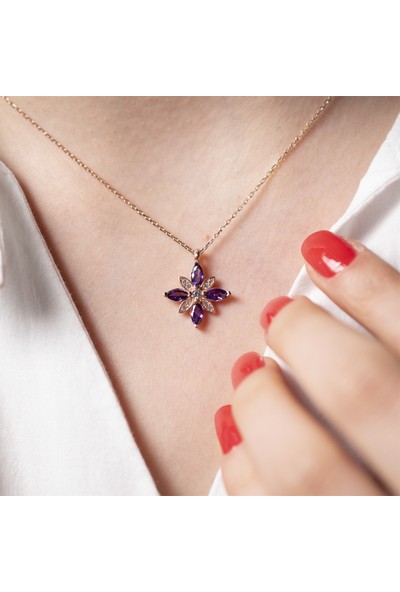 Nur Silver Rose Renk Gümüş Mor Taşlı Çiçek Kolye