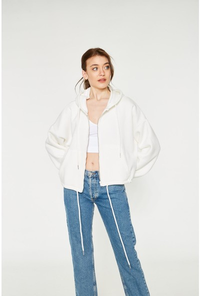 Soleil - Kapüşonlu Fermuarlı Ekru Sweatshirt | 160521-1