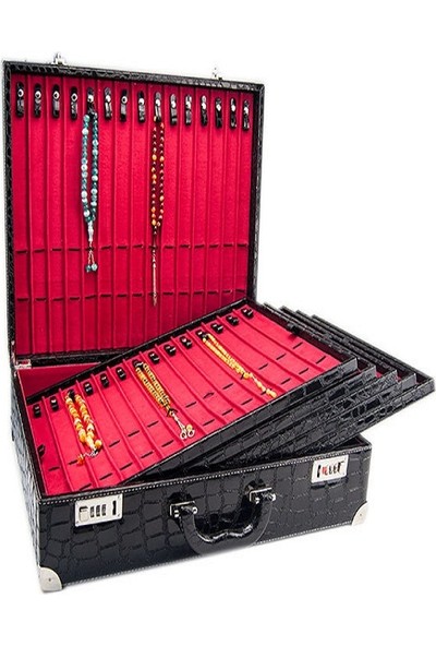 Vitrin Kutu Deri Çoklu Tesbih Çantası Siyah/kırmızı